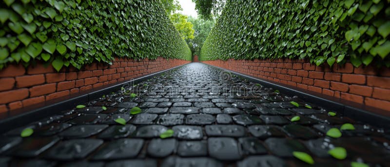 A Cobblestone Path Lined with Brick Walls and Green Bushes. Stock ...
