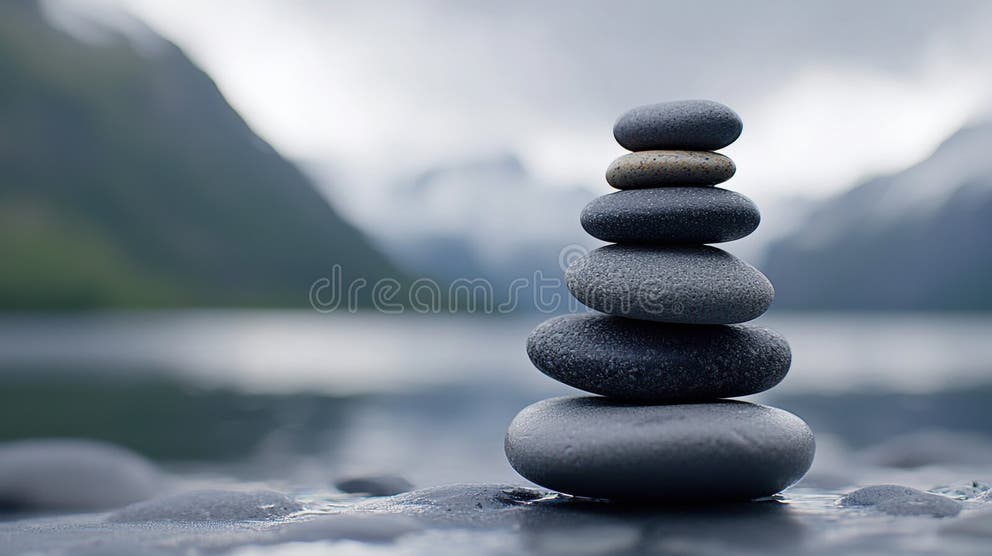 A Stack of Seven Stones Sits on a Rocky Shore, with a Mountain Range in ...