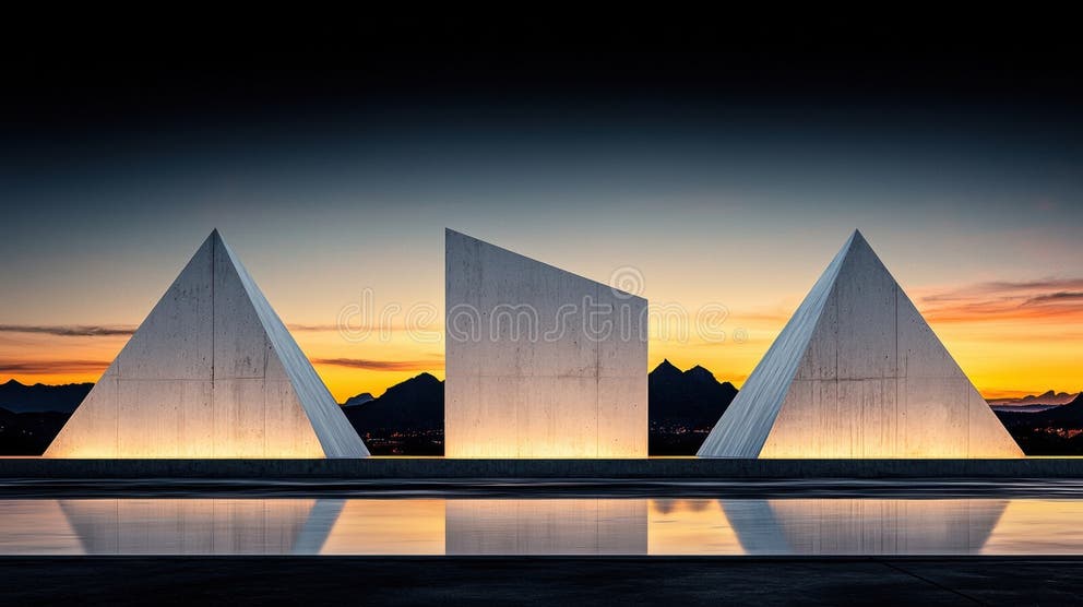 A Modern Art Installation Featuring Three White Triangular Sculptures ...