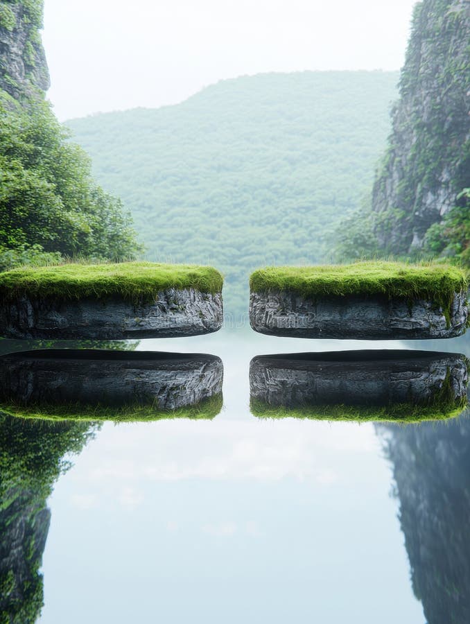 A Serene Landscape with Two Moss-covered Platforms, a Calm Lake, and a ...