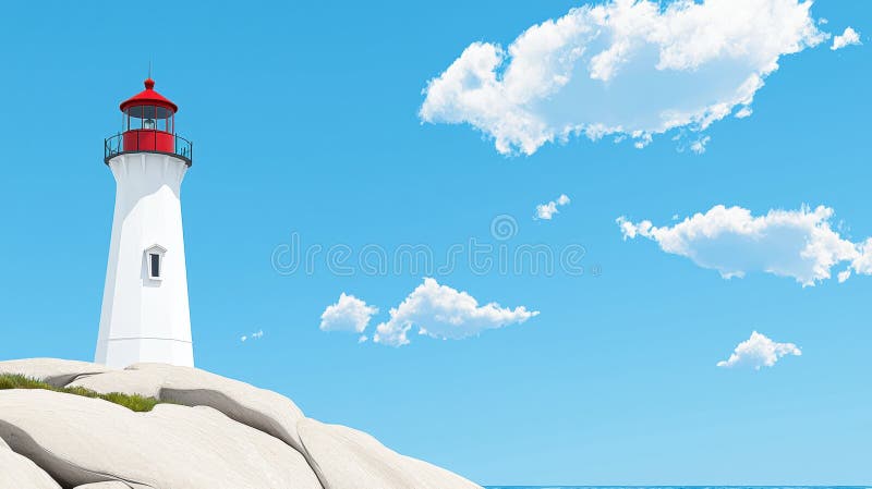 A White Lighthouse with a Red Top Stands on a Rocky Outcropping ...