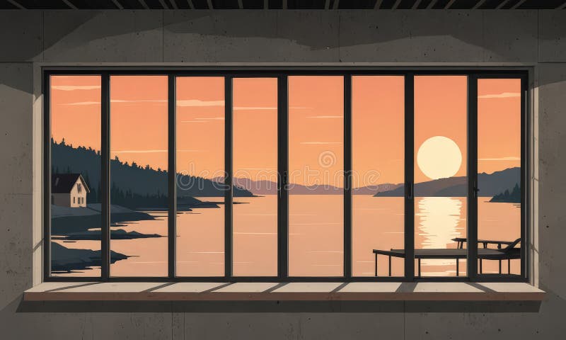 Serene Sunset Scene is Captured through Window with Panoramic View Lake ...