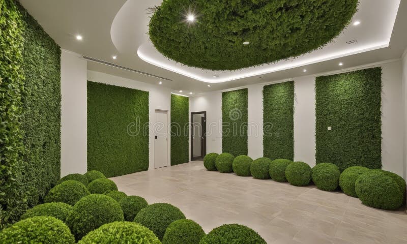 Modern Room with Green Ceiling and Walls, Featuring Circular ...