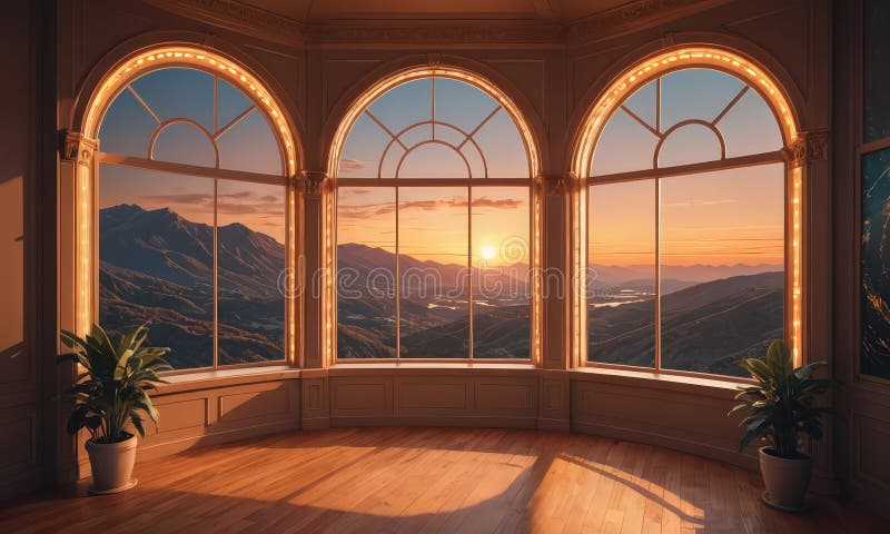 Serene Indoor Space with Three Arched Windows, Two Potted Plants, and ...