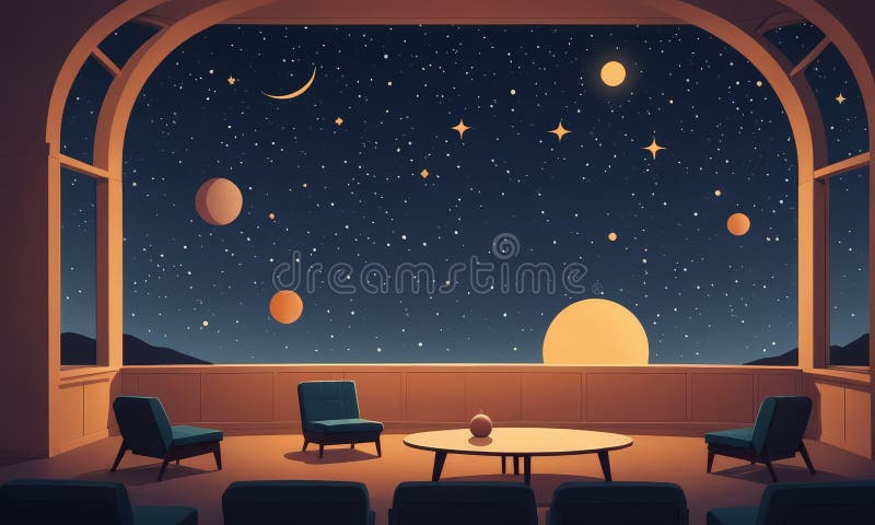Serene Indoor Scene with Starry Night Sky View, Featuring Round Table ...