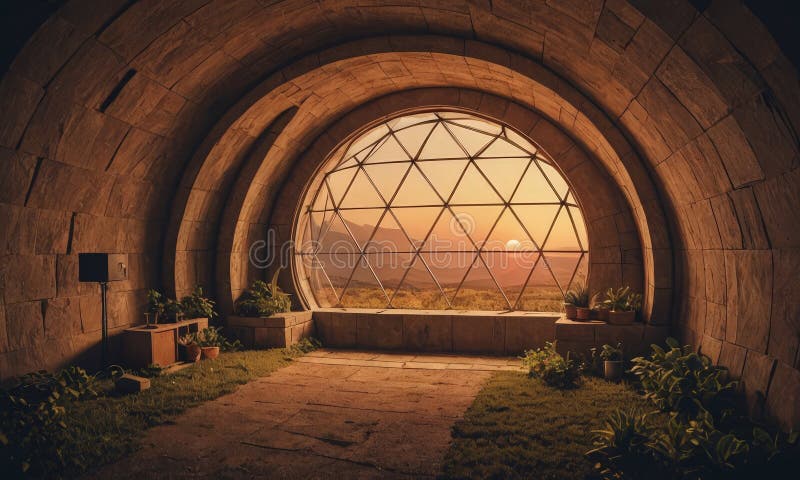 Stone Tunnel with Large Arched Window, Featuring Geometric Pattern and ...