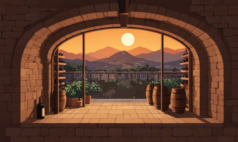 Digital Wine Cellar with View Sunset Over Mountains, Featuring Large ...
