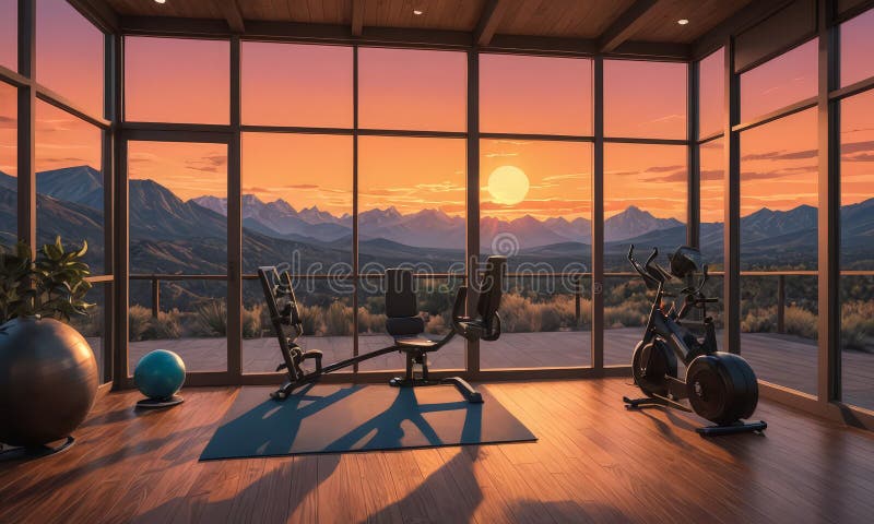 Serene Home Gym with Panoramic View Mountain Range at Sunset, Featuring ...