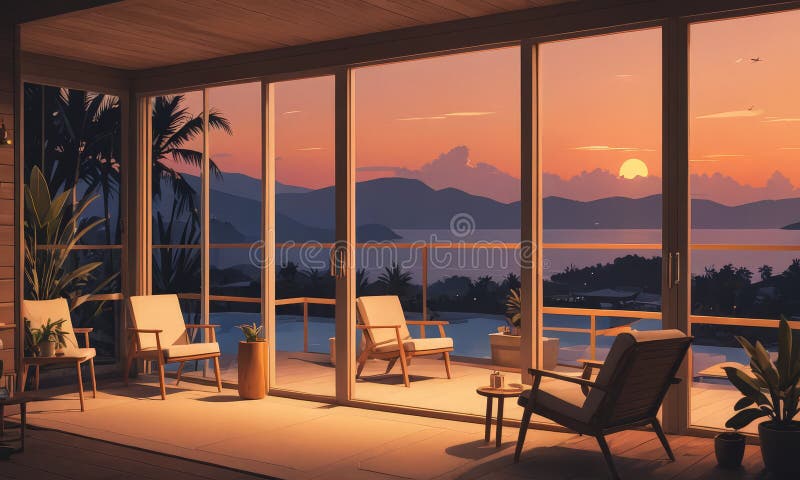 Serene Balcony with Panoramic View Sunset Over Body Water, Featuring ...