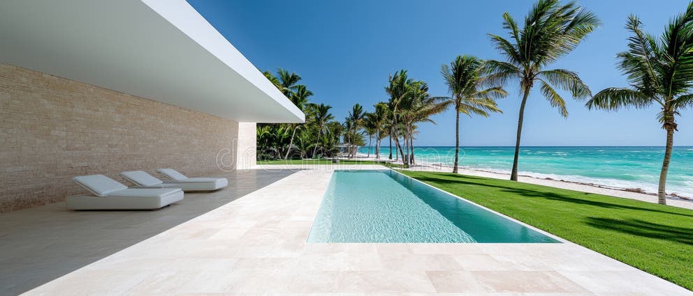 A Modern Beach House with a Long Pool and White Lounge Chairs ...