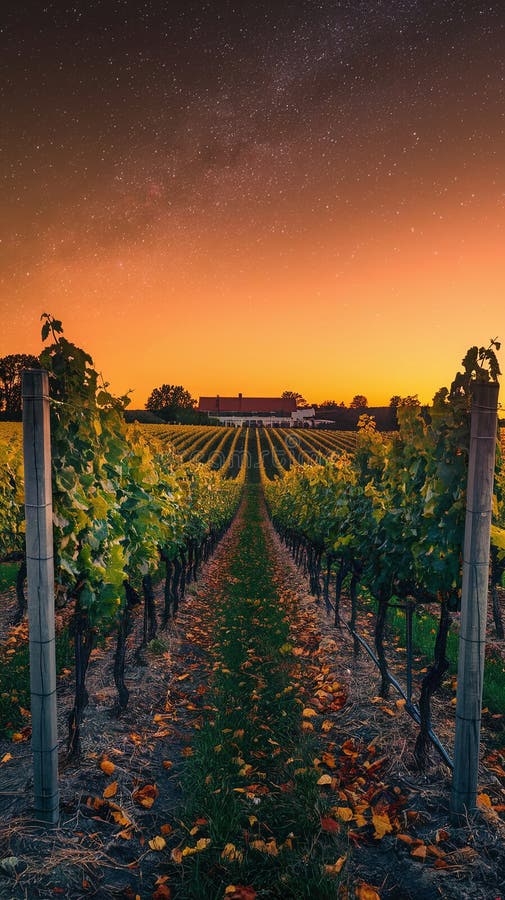 Serene Vineyard at Sunset with Vibrant Orange Sky and Starry Night ...