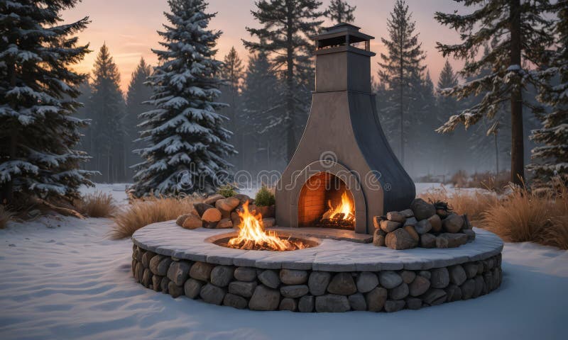 Stone Fireplace with Fire Pit Sits in Snowy Forest, Surrounded by Pine ...