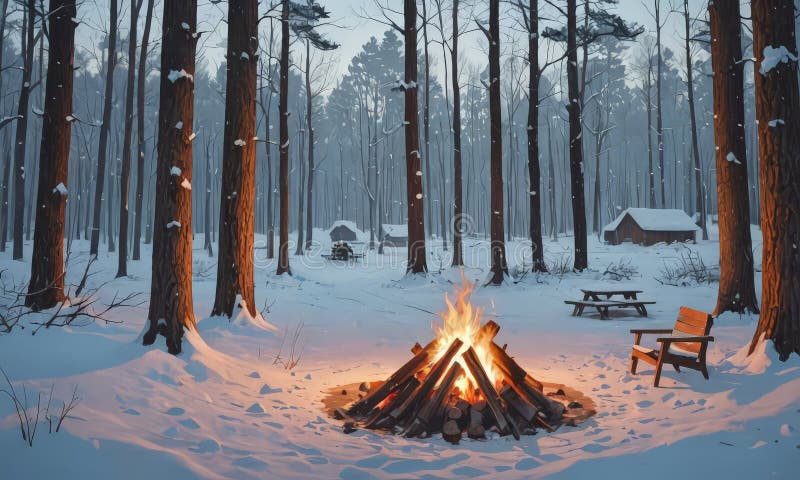 Warm Fire Burns in Snowy Forest, Casting Soft Glow on the Surrounding ...