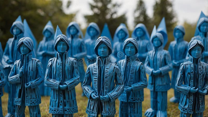 Artistic Blue Sculptures of Robed Figures Arranged in Rows in an ...