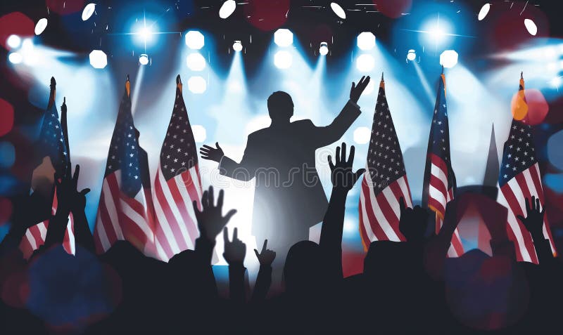 Silhouette of a Speaker at a Patriotic Rally with American Flags and ...