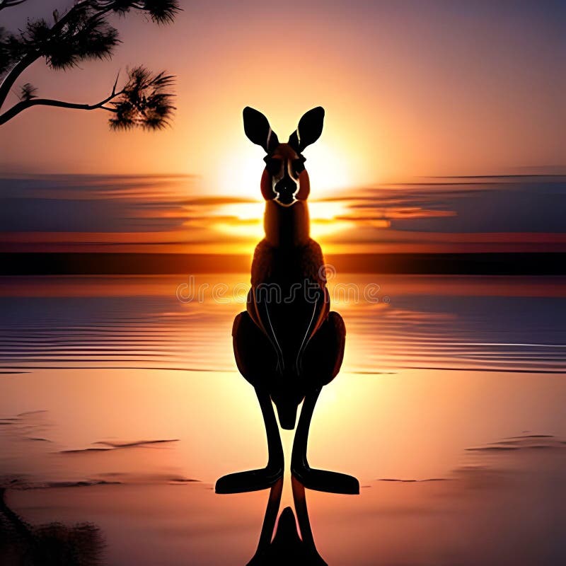 Silhouette of a Kangaroo at Sunset by a Lake Stock Illustration ...