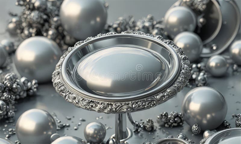 Silver Bowl with Decorative Rim Sits Amidst Collection Silver Spheres ...