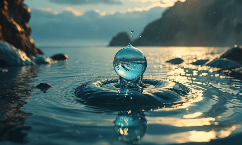 Single Drop Water Creates Large Splash in Serene Body Water, with Rocky ...