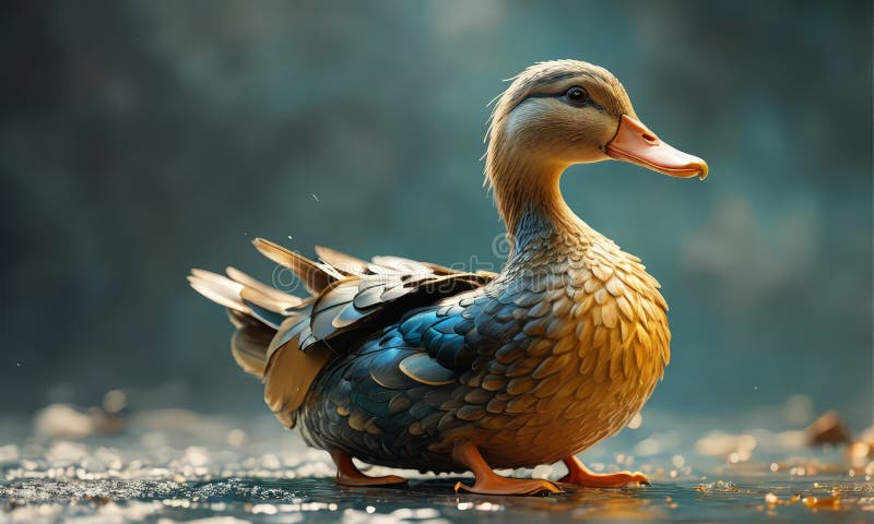 Duck with Pink Beak and Blue and Green Feathers Stands on Wet Surface ...