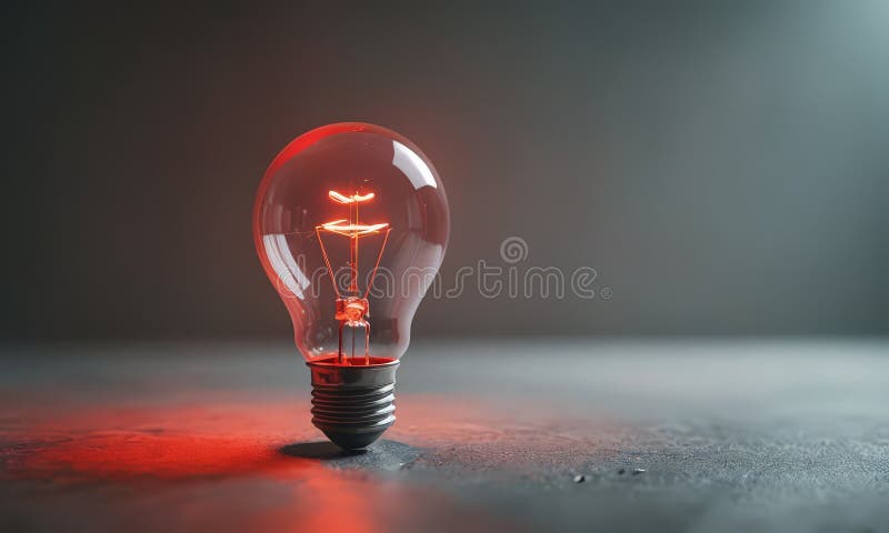 Red Lightbulb with Glowing Filaments Casts Warm Glow on Dark Surface ...