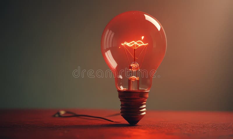 Red Lightbulb with Glowing White Filaments is Centered on Red Surface ...