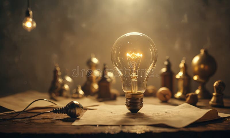 Single Light Bulb Illuminates Table with Various Objects, Including ...