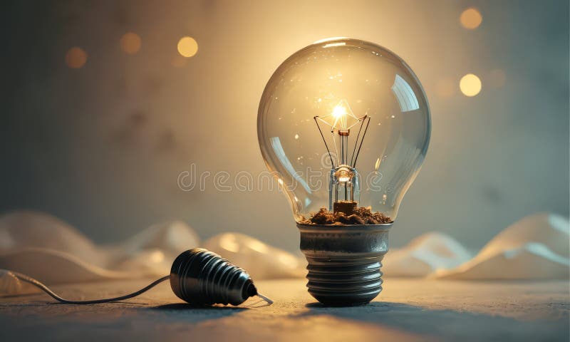 Light Bulb with Glowing Bulb and Black Wire Lies on Gray Surface, with ...