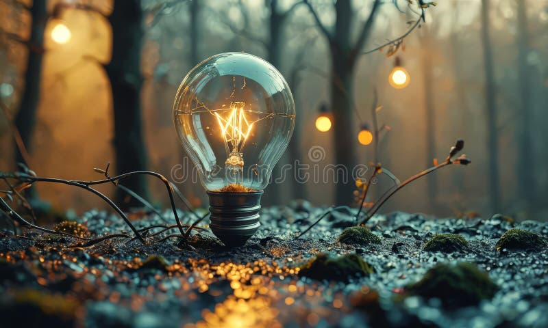 Glowing Light Bulb Rests on Bed Moss and Leaves, Surrounded by Forest ...
