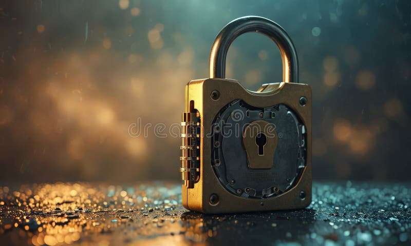 Golden Padlock with Keyhole and Chain Lock Sits on Dark Surface ...
