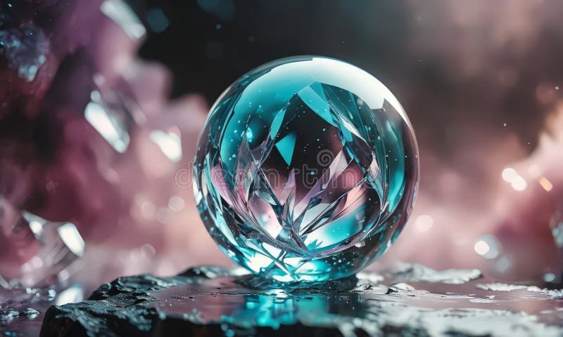 Transparent Glass Sphere with Diamond Pattern Rests on Rock, Surrounded ...