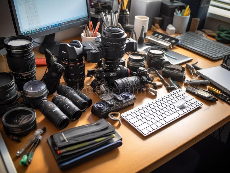Nikon Z Camera on Organized Office Desk Stock Illustration ...