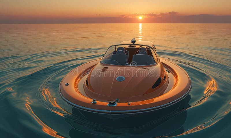 Small Orange Boat Floats on Calm Body Water, with the Sun Setting in ...