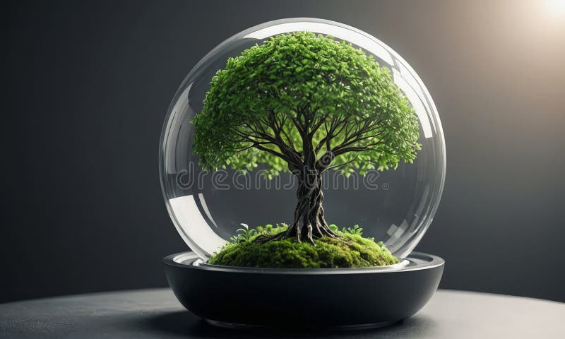 Glass Dome Holds Miniature Tree with Lush Green Leaves, Set Against ...