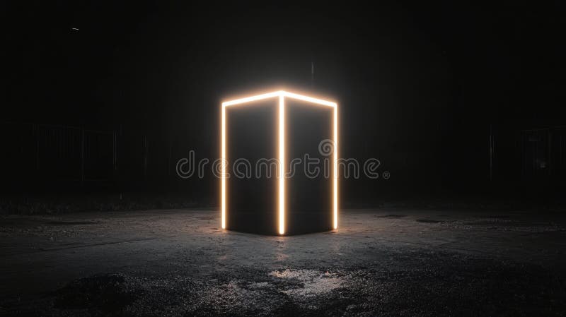 A Glowing Cube in a Dark Room. Stock Image - Image of asphalt, concrete ...