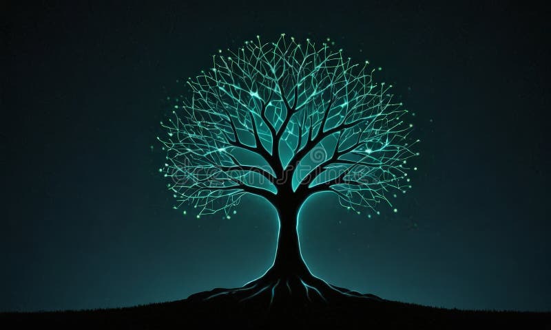 Glowing Tree with Intricate Branches Stands Against Dark Blue ...