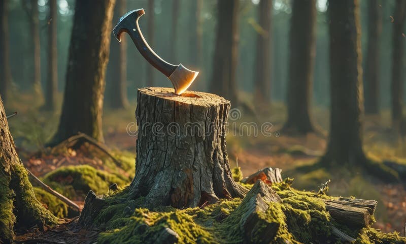 Black and Silver Axe Rests on Moss-covered Tree Stump in Dense Forest ...