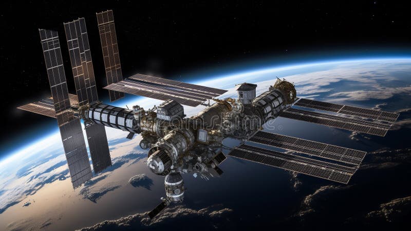 Space Station Orbiting a Planet Stock Illustration - Illustration of ...