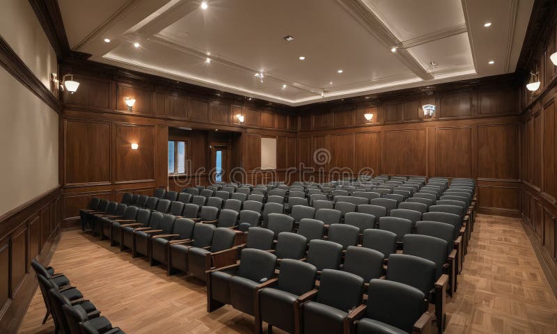 Spacious Auditorium with Wooden Paneling, Recessed Lighting, and Rows ...