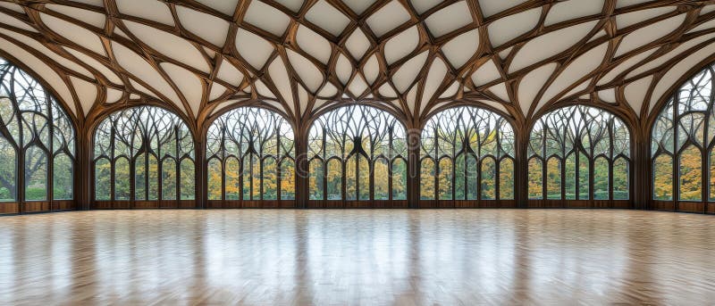 The Image Shows a Large, Empty Room with a High Ceiling and a View of ...