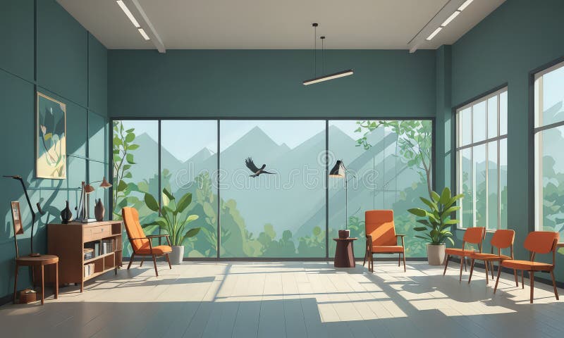 Modern Waiting Room with Large Window, Green Walls, and Minimalist ...