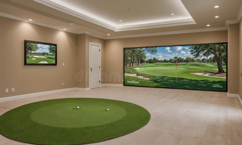 Spacious Room with Beige Walls Features Large Window, Green Putting ...