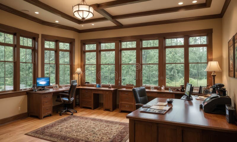 Spacious Office with Large Windows, Wooden Desks, and Wooden Ceiling ...