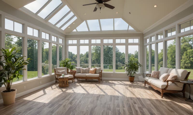 Bright and Spacious Sunroom with Large Windows, Wooden Floor, and ...