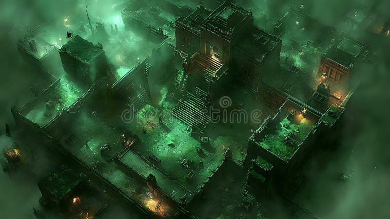 Ruined Temple in Dense, Eerie Mist Stock Illustration - Illustration of ...