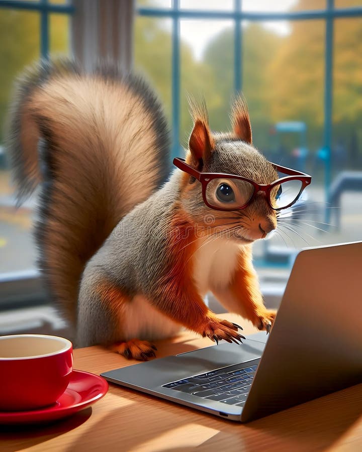 Squirrel Using Laptop in a Forest Office Surrounded by Fir Trees Stock ...