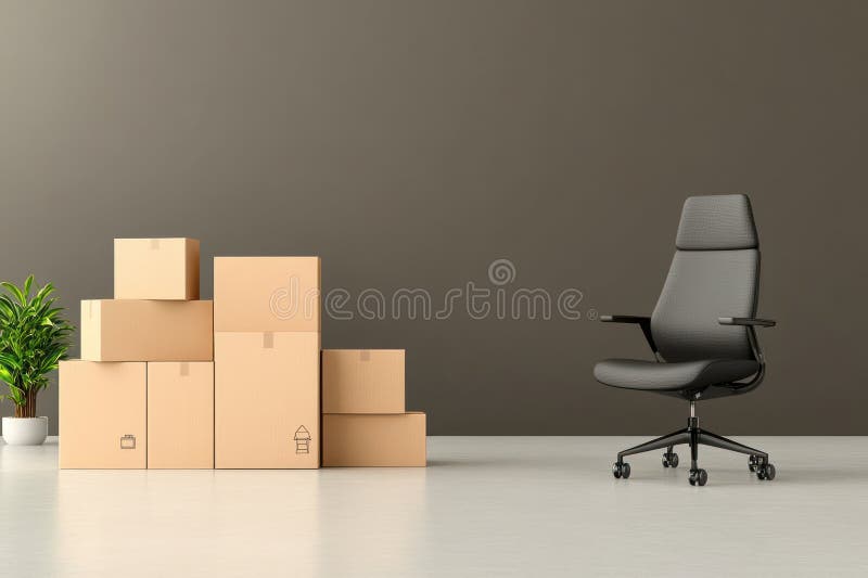 Moving To a New Office: Stack of Cardboard Boxes and Office Chair in ...