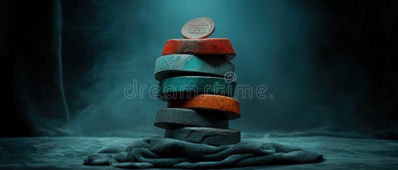 A Stack of Seven Coins, Each with a Unique Design, Sits Atop a Dark ...