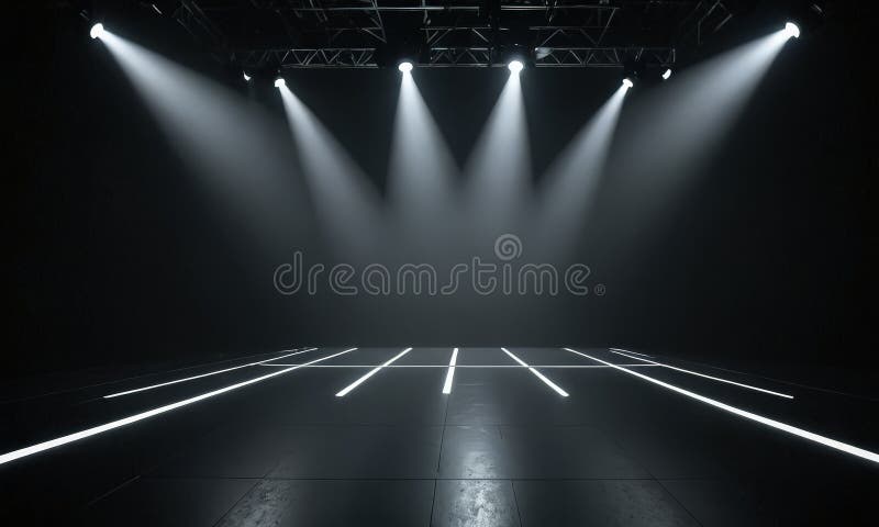 Dimly Lit Stage with White Line Pattern, Flanked by Four Spotlights ...