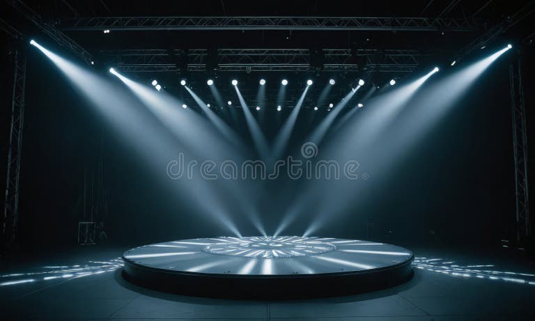 Circular Stage with Circular Platform and Spotlights is Illuminated by ...