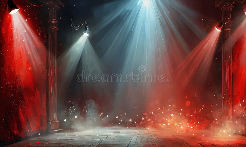 Stage with Red and White Lights, Smoke, and Red Curtain, Creating ...